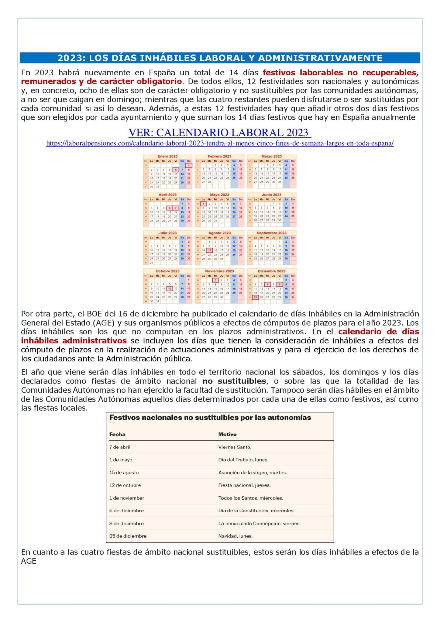 2023: LOS DÍAS INHÁBILES LABORAL Y ADMINISTRATIVAMENTE - Laboral Pensiones
