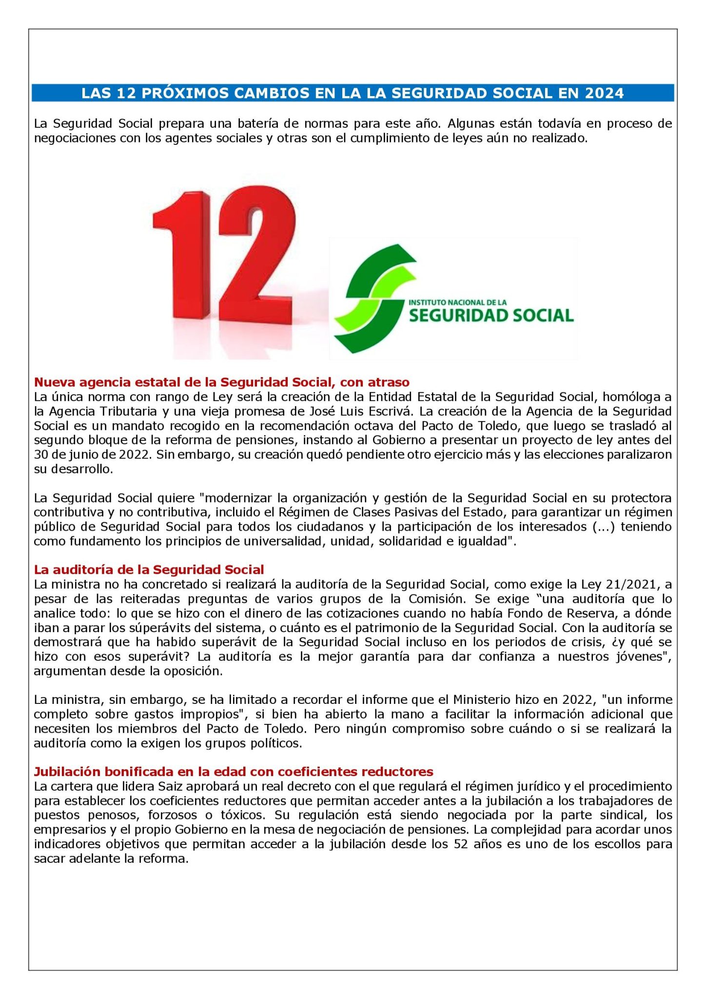 LOS 12 PRÓXIMOS CAMBIOS EN LA LA SEGURIDAD SOCIAL EN 2024 - Laboral ...