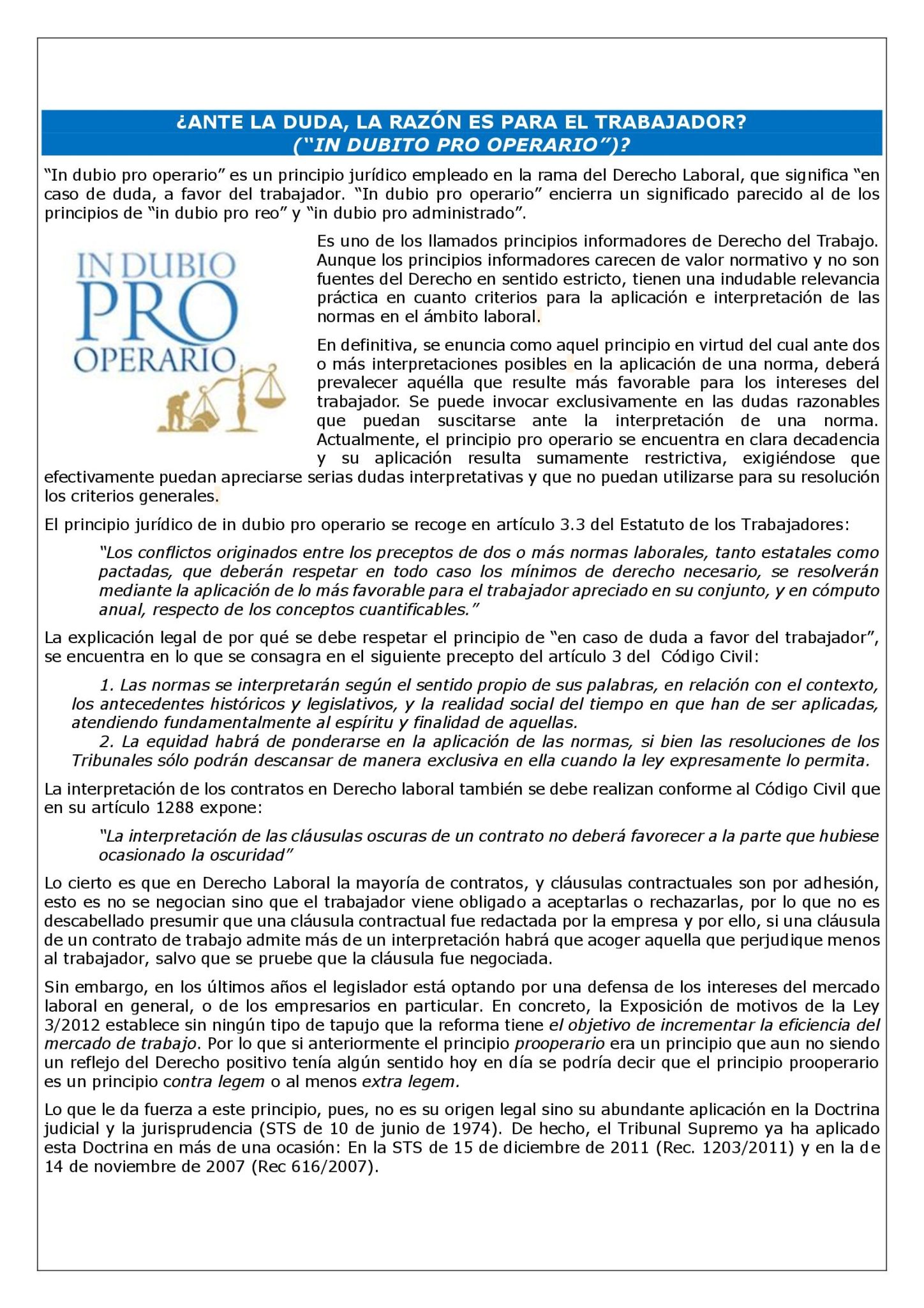 ¿ANTE LA DUDA, LA RAZÓN ES PARA EL TRABAJADOR? (“IN DUBITO PRO OPERARIO ...